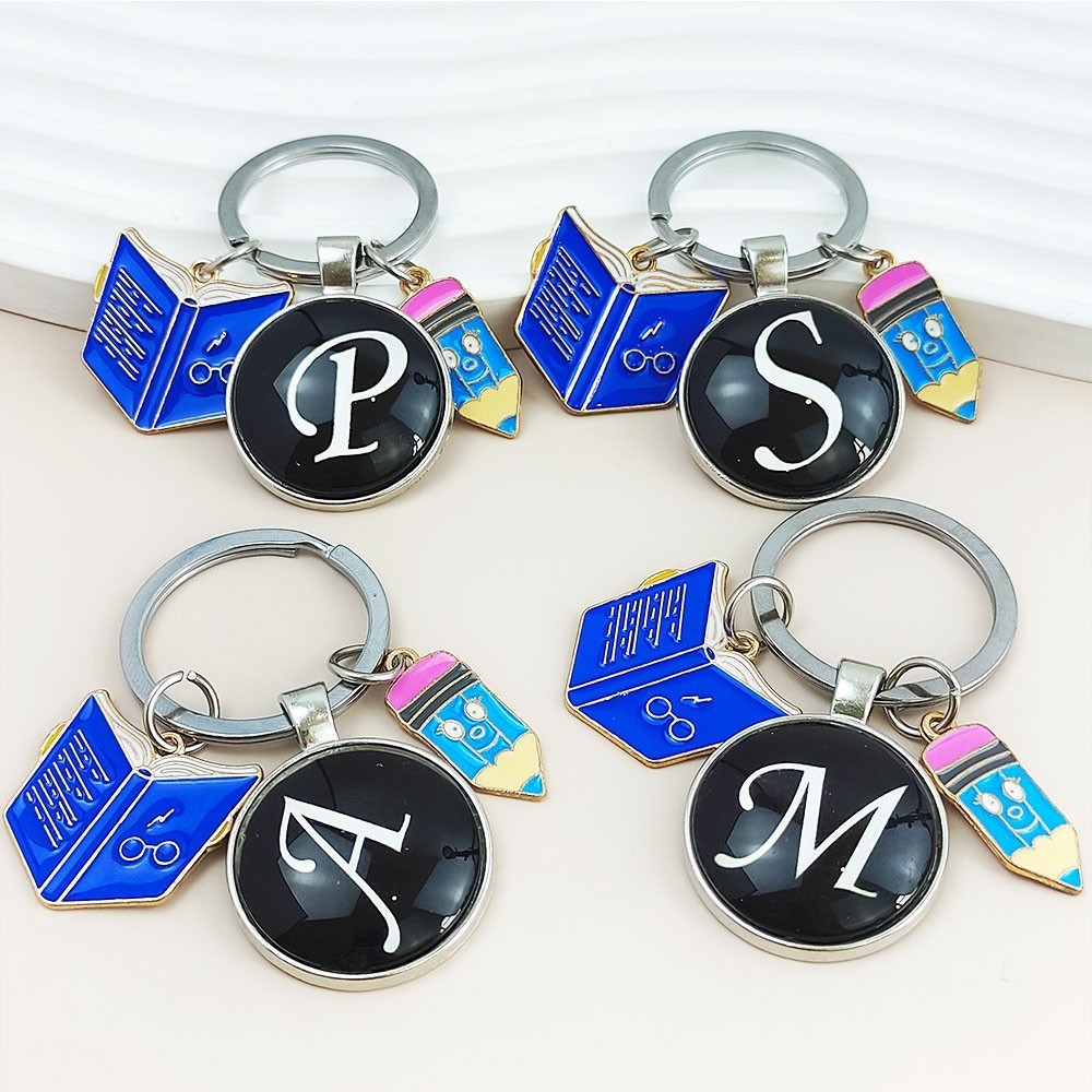 Exquisite 26 Initials Letters Keychain Black Glass Ball Metal Cartoon ...