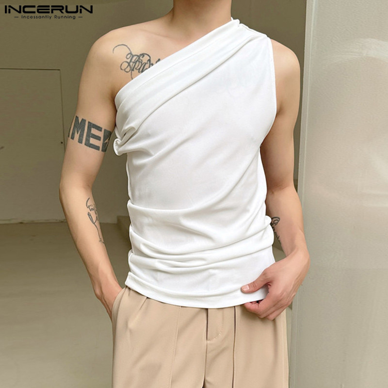 INCERUN Men Korean Casual Off Shoulder Sleeveless Tanks | Shopee ...