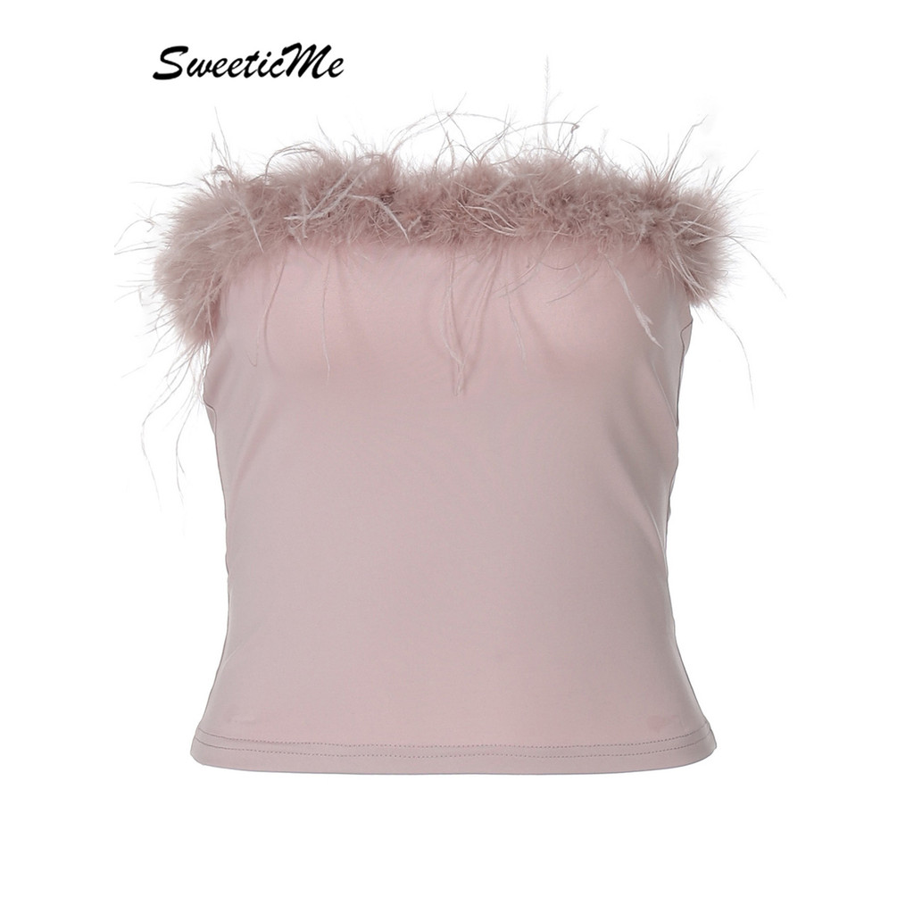 SweeticMe Women's 2025 New Fashion Solid Color Sexy Slim Fit Furry Tube ...