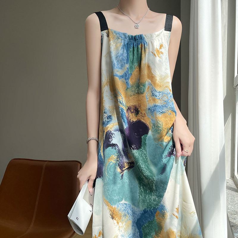 Women Summer Sundress Satin Chic Thin Boat Neck Polka Dot Flower Print ...