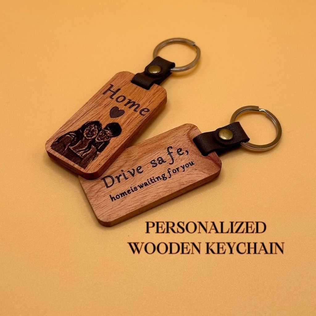 Personalized Wooden Keychain - Laser Engraved Mahogany Wood [RECTANGLE W/ LEATHER ACCENT ...