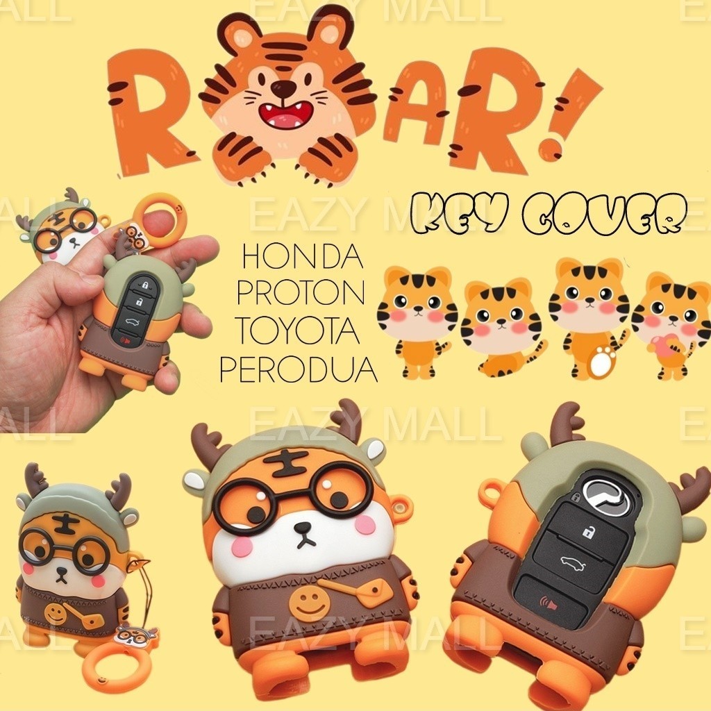 1pc TIGER Car Alarm Remote Smart Keyless Cartoon Key Cover Sarung Kunci ...