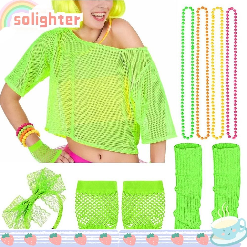 SOLIGHTER Fishnet Shirt Necklace Set, Leg Warmers Headband 80s Costume ...