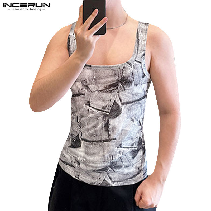 INCERUN Men Korean Fashion U-Shaped Pocket Printed Design Sleeveless ...