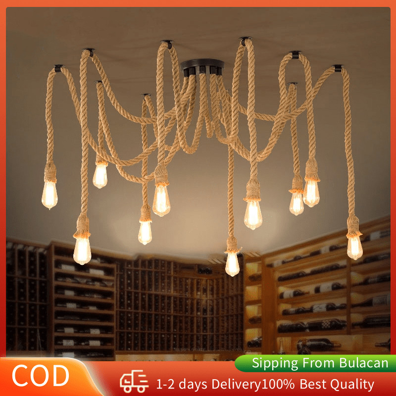 Hemp Rope Chandelier Ceiling Light Multi-head Hanging LED Lights ...