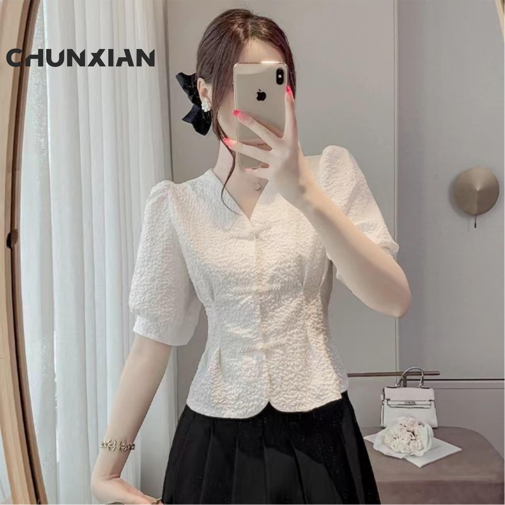Modern Filipiniana Top Casual Plain Eyelet Embroidery Pearl Buckle ...