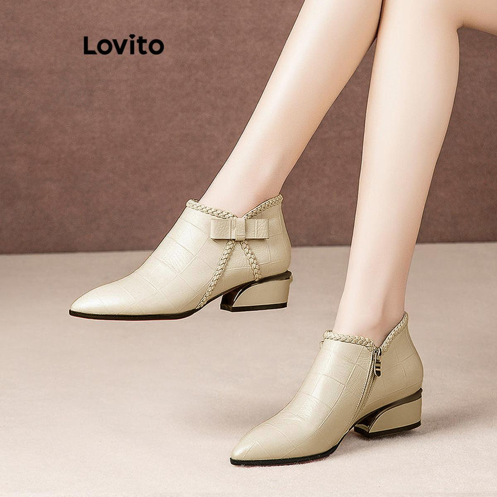 Lovito Women Elegant Plain Chelsea Bow Tie Side Zipper Mid Heeled Short ...