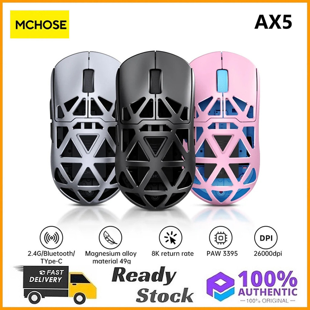 Original Mchose AX5 Magnesium Alloy Wireless Mouse PAW3395 Sensor Nordic 52840 8K Chip Tri-mode ...