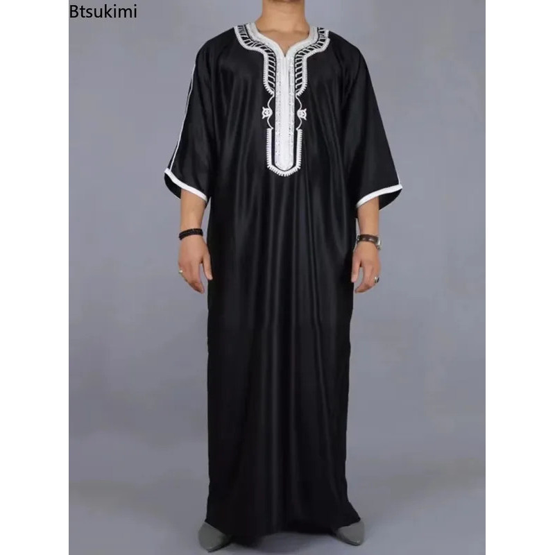 New Men Muslim Fashion Abayas for Men Patchwork Embroidery Long Robe ...