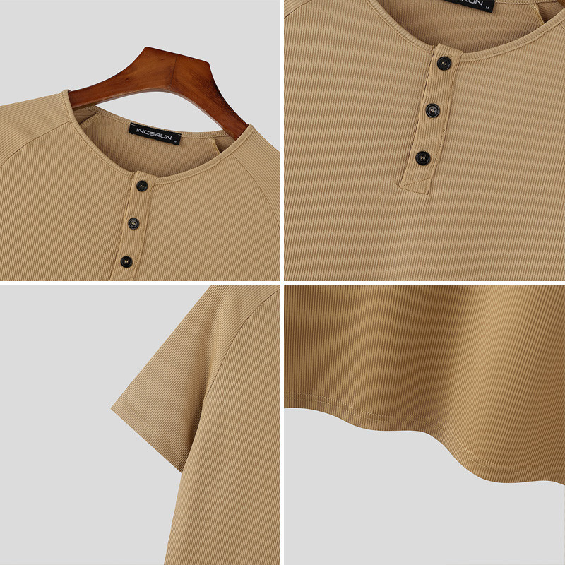INCERUN Men Korean Casual Versatile Crew Neck Half-Button Raglan Sleeve ...