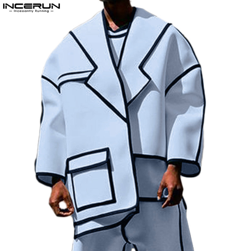 INCERUN Men Vintage Street Handsome Lapel Long Sleeve Stroke Print ...