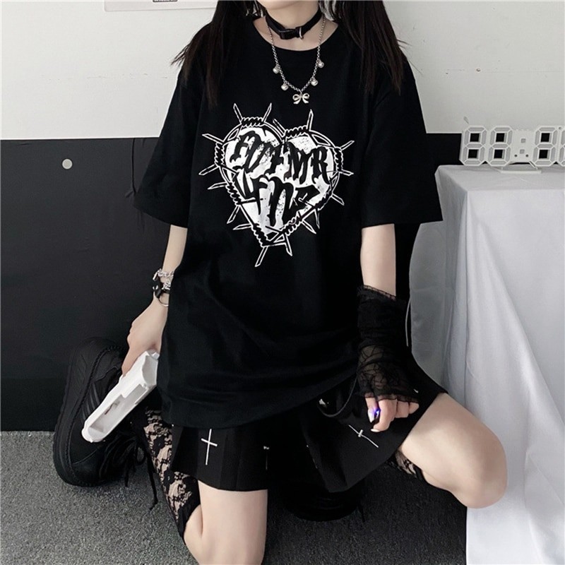 y2k Fashion Goth Print T-shirt Harajuku Streetwear Dark Gothic Emo Alt ...