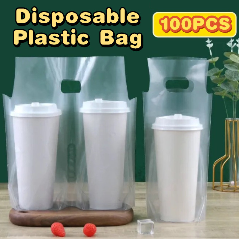100PCS Milk Tea Plastic Bag Disposable Take Out 1 Cup /2 Cup Bags Clear ...