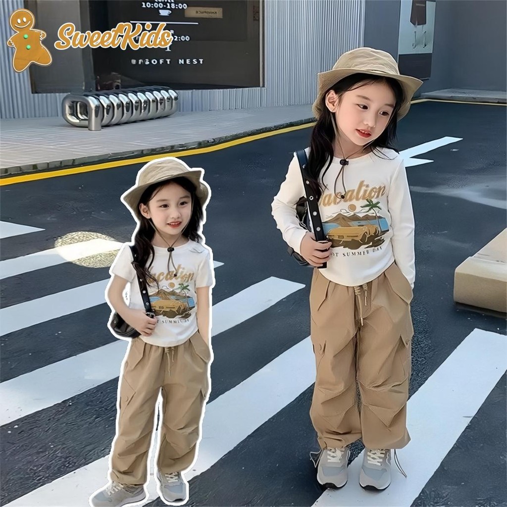 【Sweet Kids】4-14Years Girls Suits Summer Fashion Korean Style Cargo Pants Shirt pants Two-piece ...