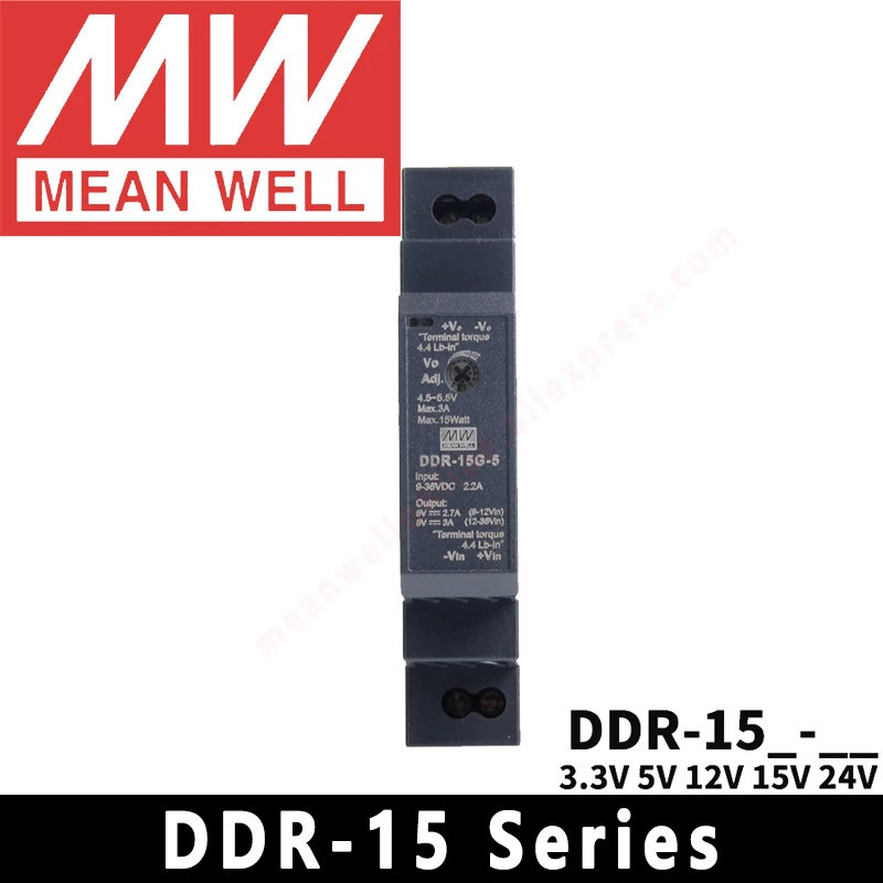 Mean Well DDR-15L/15G-3.3/5/12/15/24 Series Din Rail Type DC to DC Converter 9-36Vdc/18~75Vdc ...