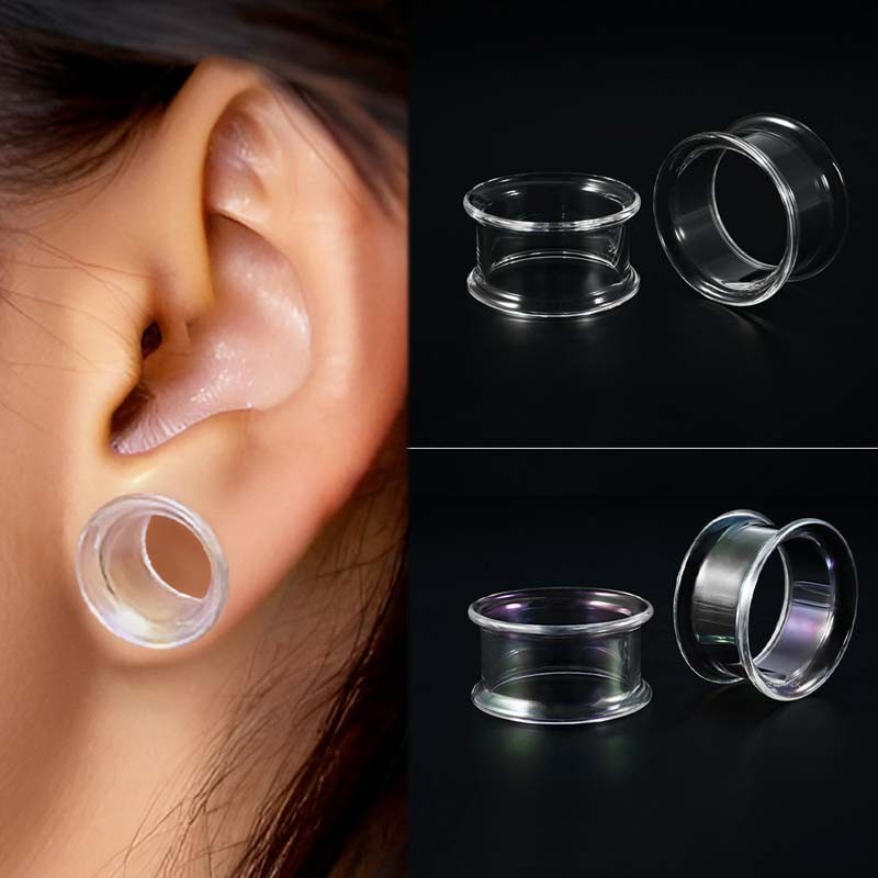 2 Piece Glass Double Flared Plug Earring Tunnel Unisex Transparent AB ...