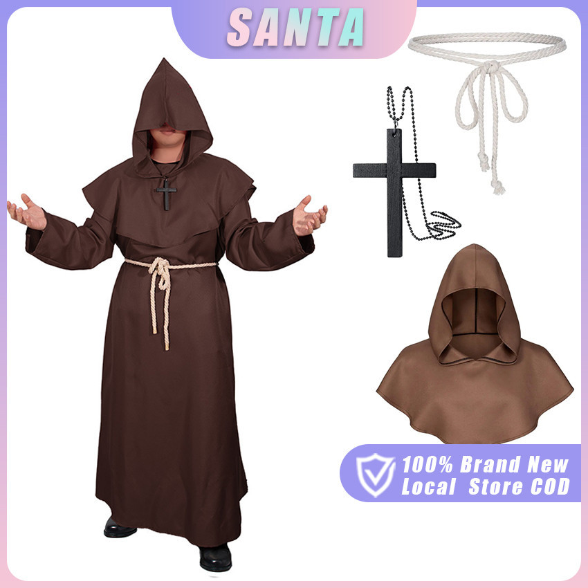 Medieval Monks Hooded Cape Priest Robe Wizard Halloween Cosplay Costume ...