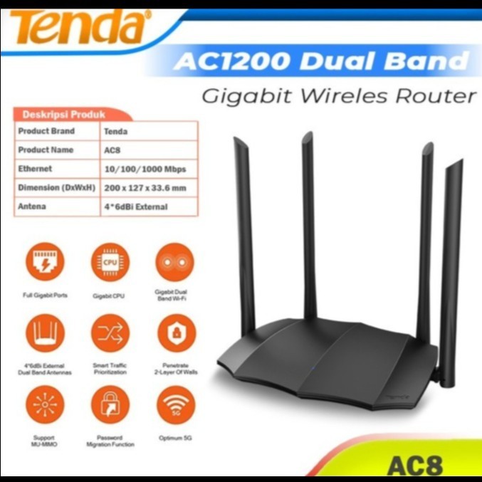 TENDA Tent AC8 AC1200 IPv6 Dual-Band Gigabit Wireless Router Wifi ...