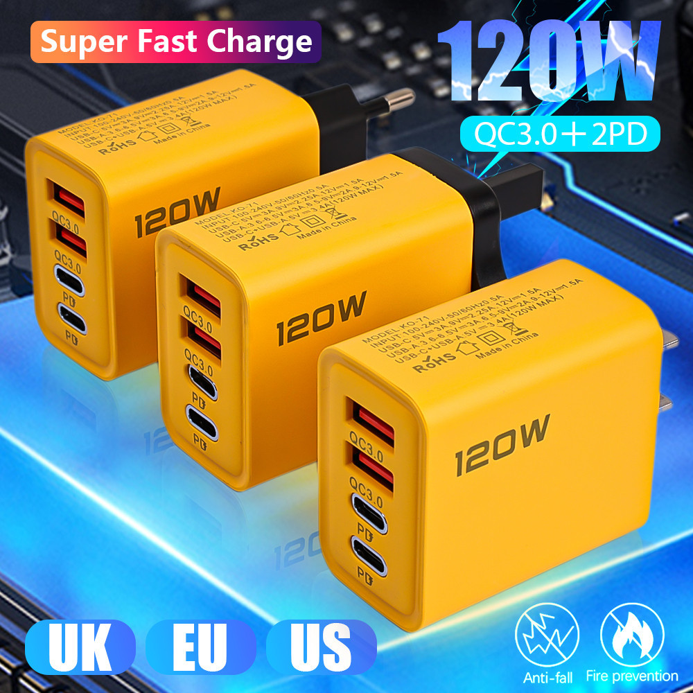4Ports 120W Dual PD USB Charger - Wall Adapter QC 3.0 Fast Charging ...