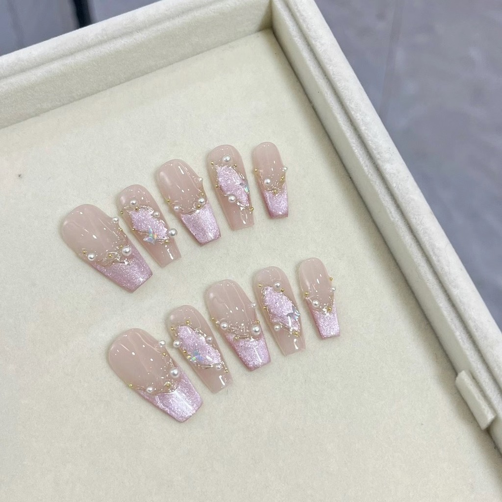 Glazed Moonlight Handmade Wearable Nail Pink Cat Eye Gilt Butterfly ...