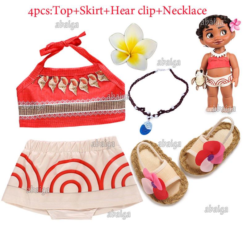 Moana Baby Costume Girl Crop Top Skirt Necklace Hairpin Set Princess ...