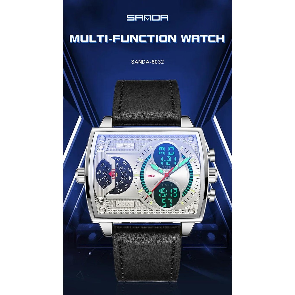 SANDA 6032 Quartz Watch Creative Dual Display Multi-functional Luminous ...