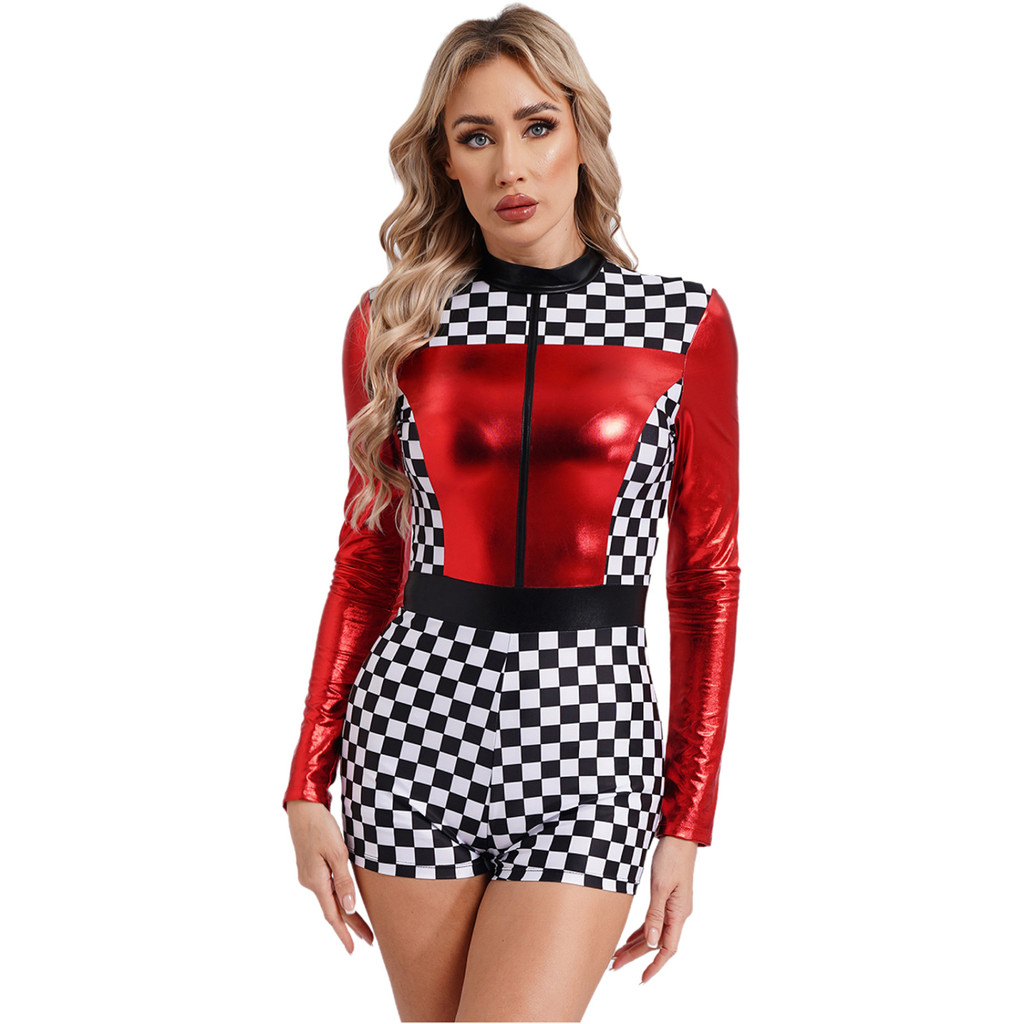Women Sexy Racer Driver Costume Metallic Shiny Long Sleeve Checkerboard ...