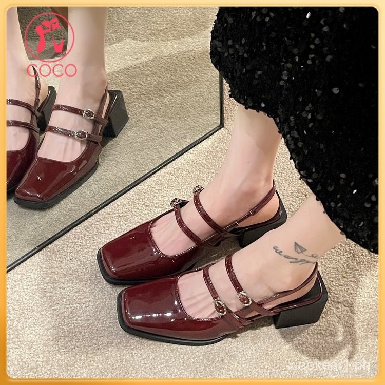 French Retro Thick Heel Mary Simple Shoes Medium Sandals Round Toe ...