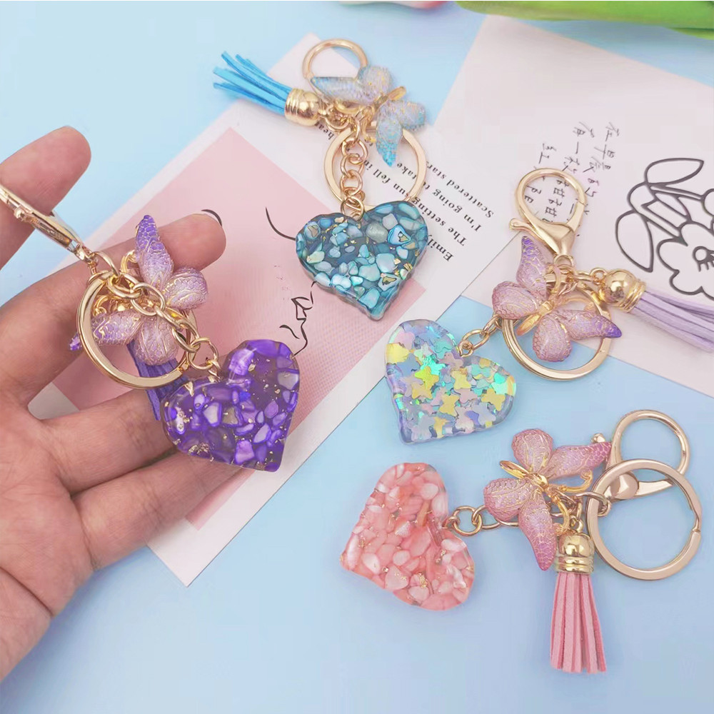 Exquisite Love Heart Resin Keychains Fashion Butterfly Tassel Pendant ...