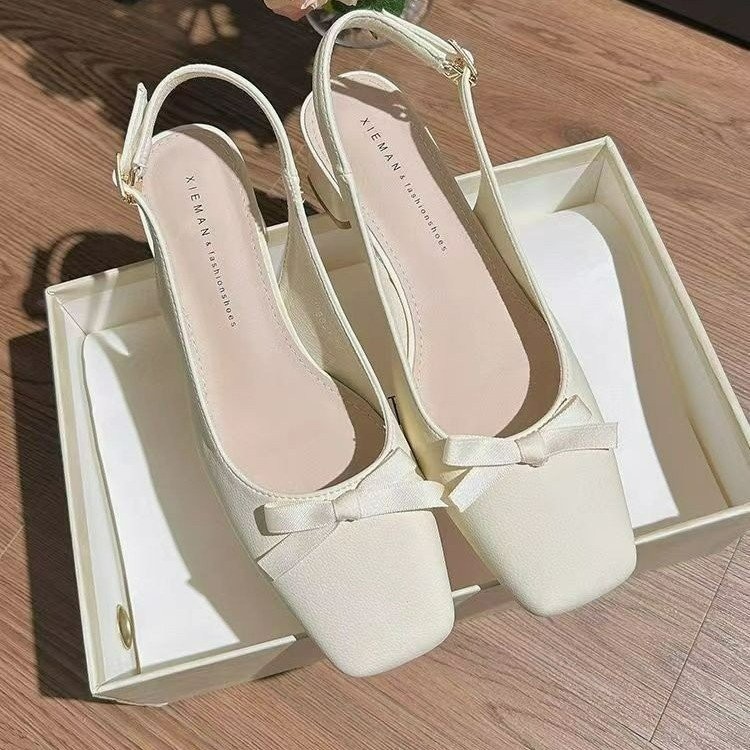 Women's Square Toe Mid Heel Shoes Bow Back Word Chunky HeelsPURubber ...