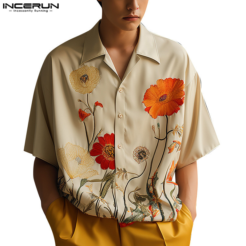 INCERUN Men Vintage Daily Fashionable Floral Print Short Sleeve Shirts ...