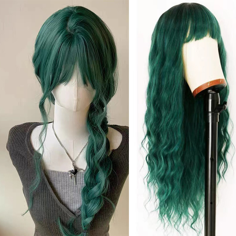 Deep Geen Small Wave Cruls Wigs For Women 65CM Long Synthetic Hair ...