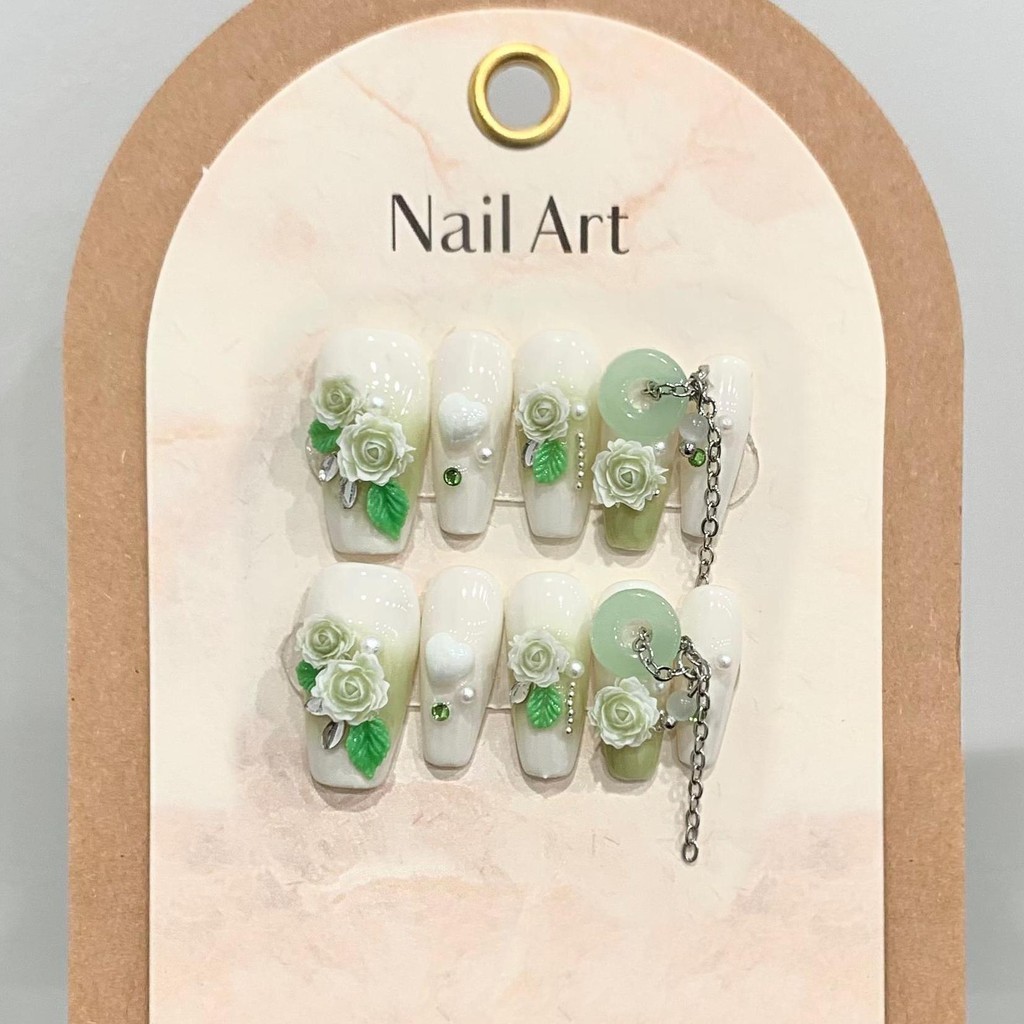 【HANDMADE】Artificial Nail Green Full Diamond Camellia Gradient ins ...