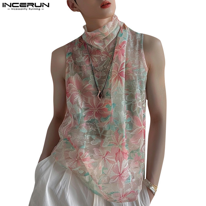 INCERUN Men Korean Casual Floral Print Turtleneck Sleeveless Loose ...