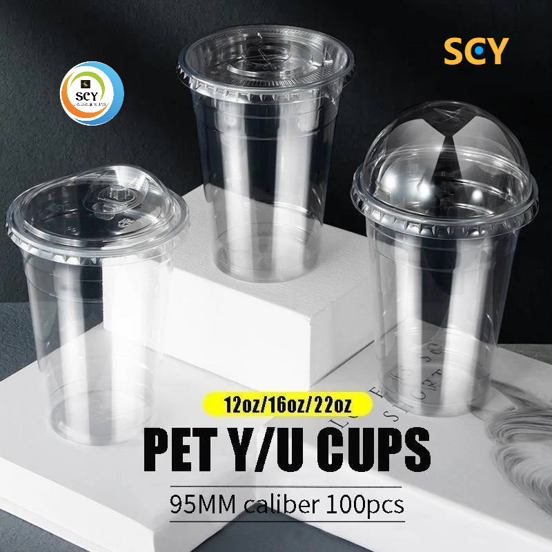 [100pcs]95mm Plastic Milk Tea Y/U Cup (12oz, 16oz, 22oz) With Flat/Dome ...