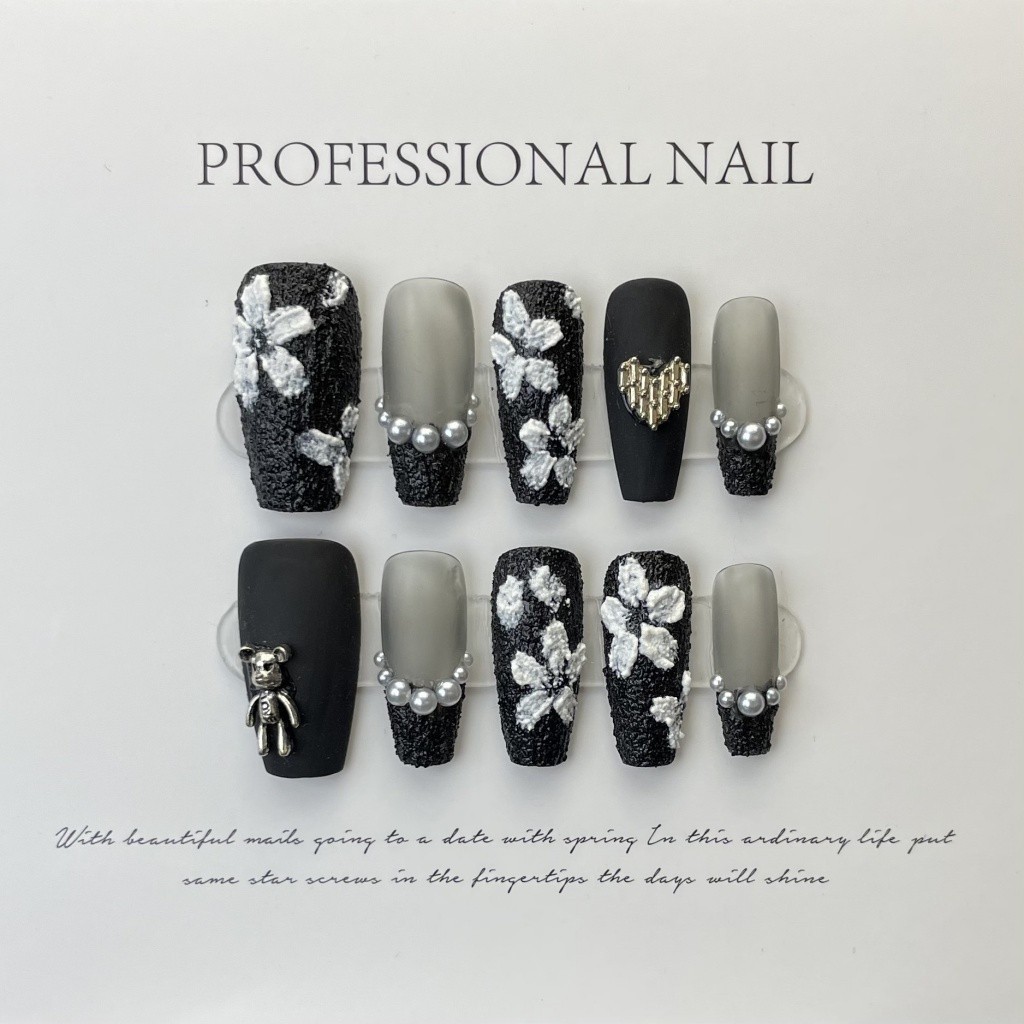 100% HANDMADE Artificial Nail Fake Nail Set With Glue Black Rose Armor ...