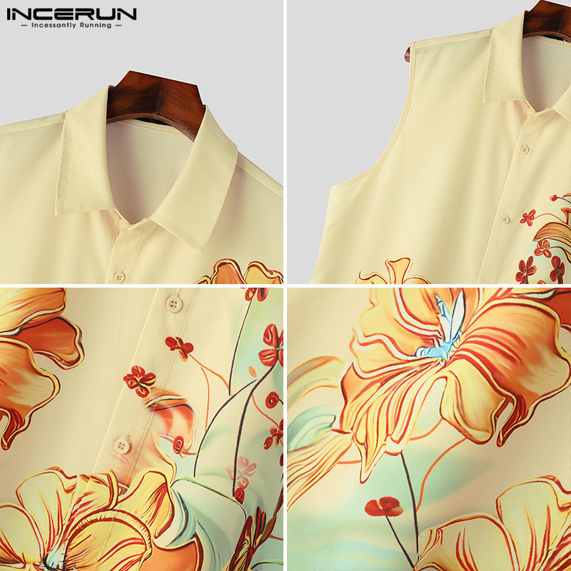 INCERUN Men Korean Fashion Floral Print Turn Down Collar Sleeveless ...