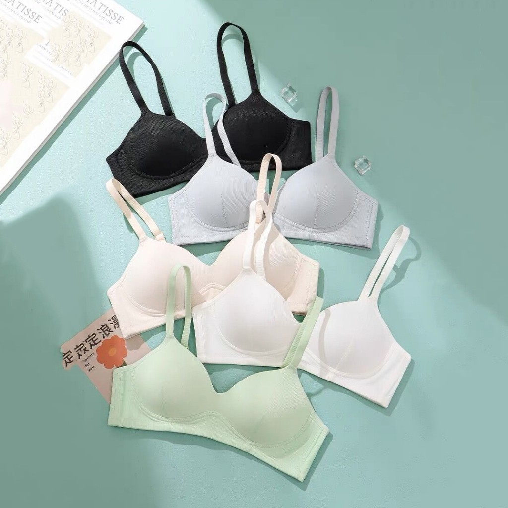 Women's Ribbed Cotton Rimless Bra Soft Thin Foam Bra Sexy Push Up Lady ...