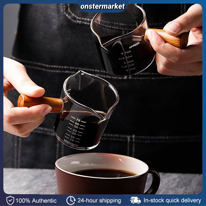 Espresso Shot Glass Measuring Cup with Wooden Handle Double Mouths Milk ...
