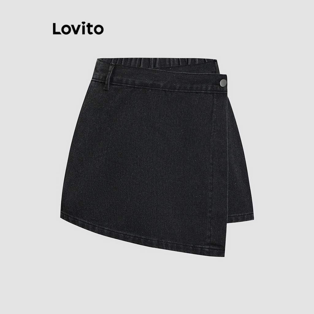 Lovito Women Casual Plain Wrap Fake 2 In 1 Denim Shorts L113MD517 ...