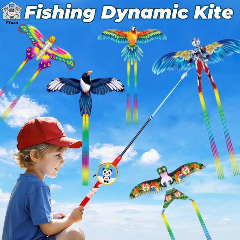 Cartoon Eagle Bird Kite Toys Kids Handheld Dynamic Fishing Rod Kite ...