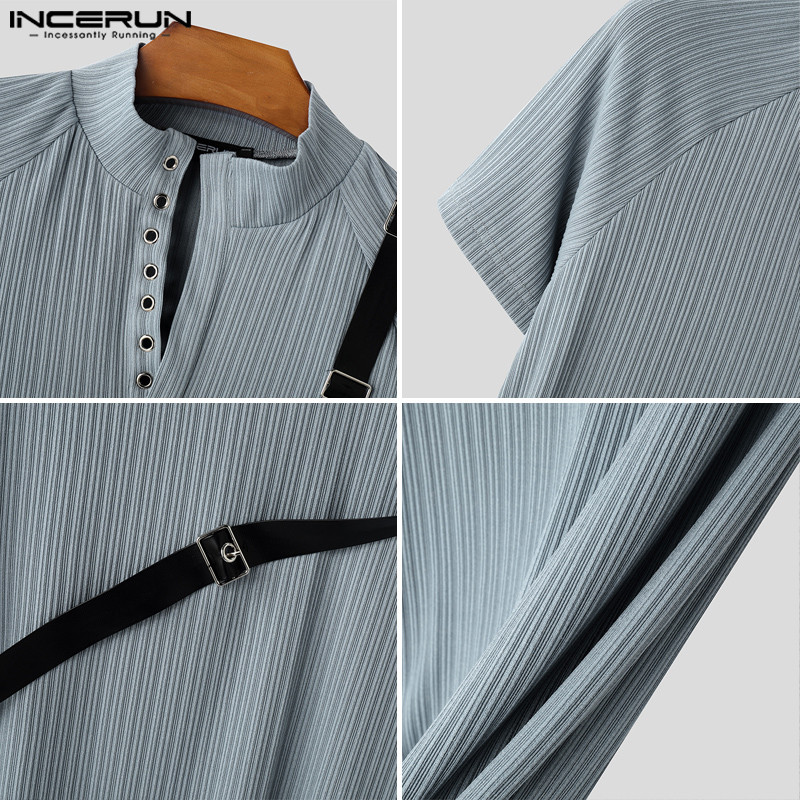 INCERUN Men Vintage Street Trendy Belt Splicing Half-Button Slit T ...