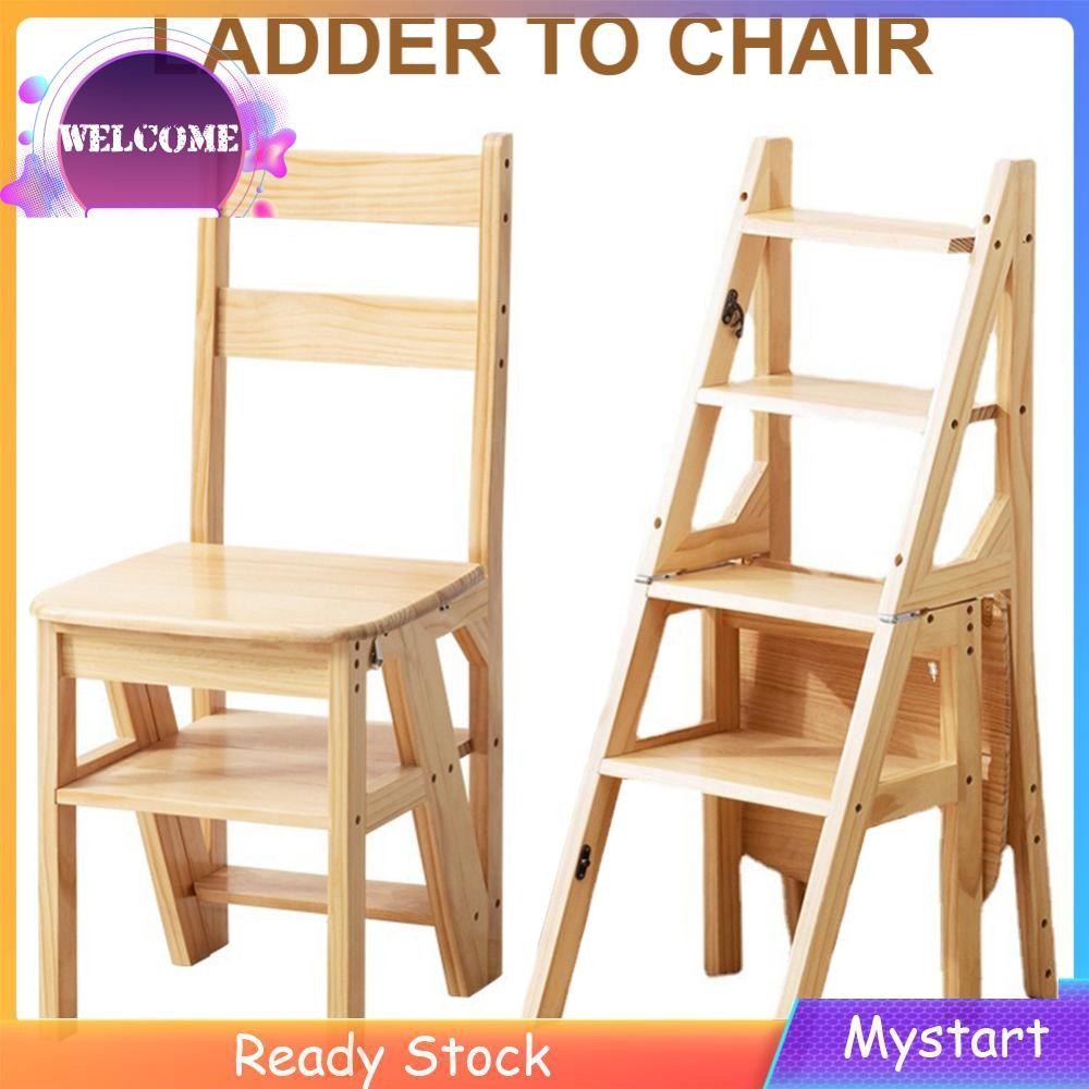 4 Tier Solid Wood Folding Chair Anti-Slip Convertible Wood Ladder for ...