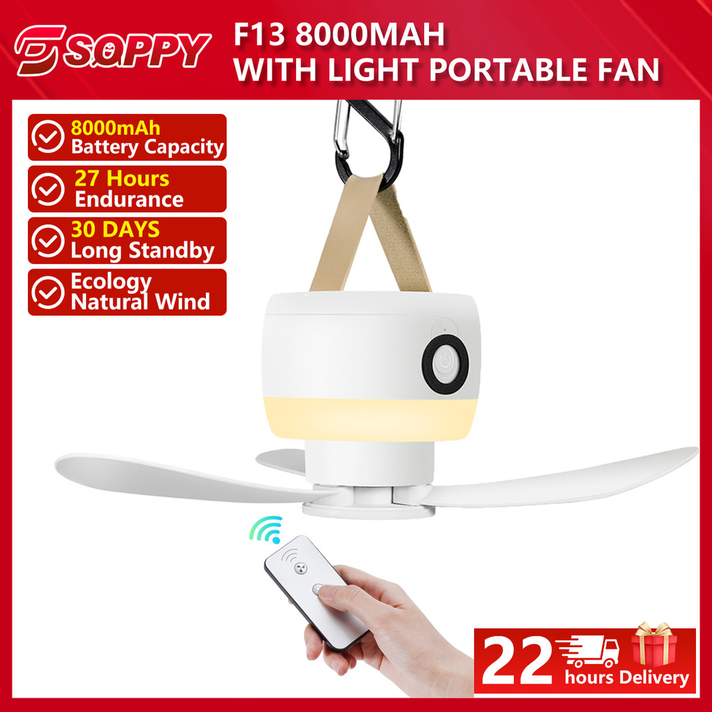 Portable Mini Ceiling Fan with Light 8000mAh 3 Speeds 27H Use 30D ...