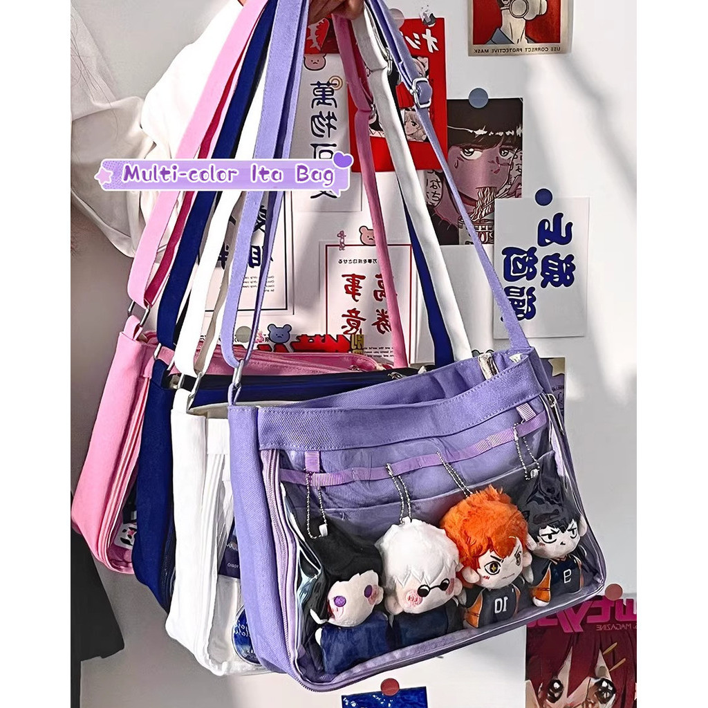 Cute Multi-color Ita Bag Canvas Shoulder Bag with Clear Window Casual ...