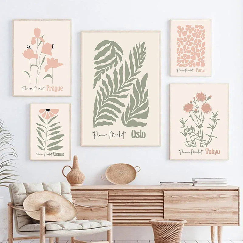 Boho Light Colours Pastel Green Art Poster Leaves Flower Canvas ...