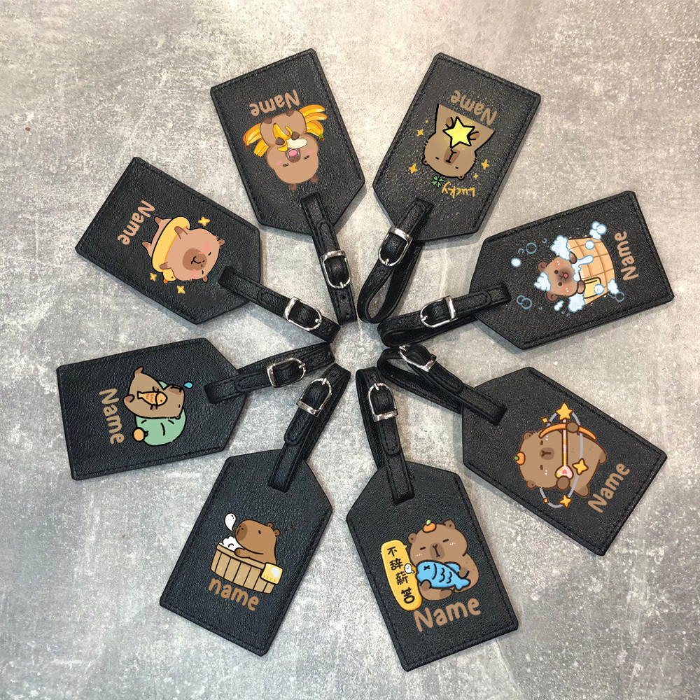 Personalised Custom Name with Capybara Luggage Tag Black PU Leather for ...