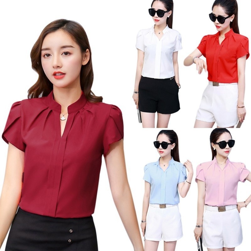 Ready stock Korean Office Lady Casual Women Short Sleeve Ruffle Chiffon ...
