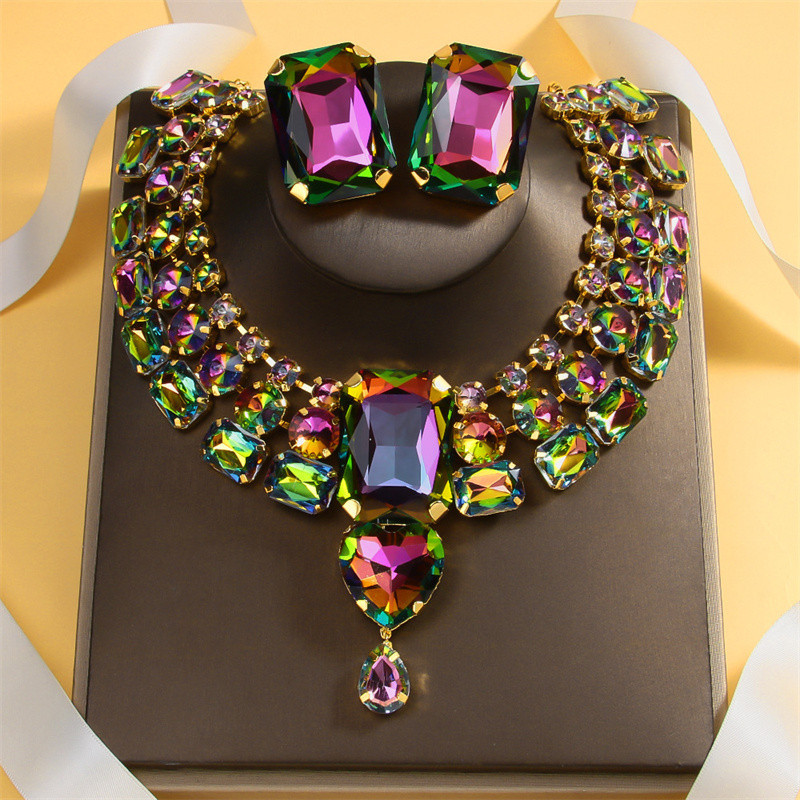Hot selling colorful jewelry set in Europe and America, square earrings ...