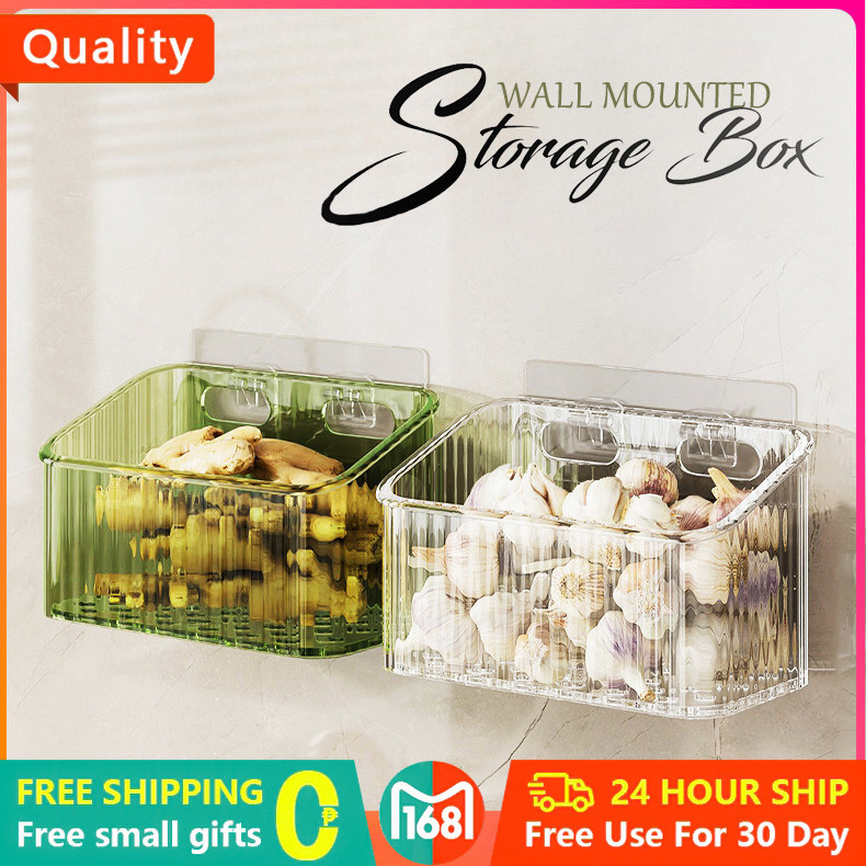 Wall Mounted Clear Bin Kitchen Self Draining Onion and Garlic Organizer ...